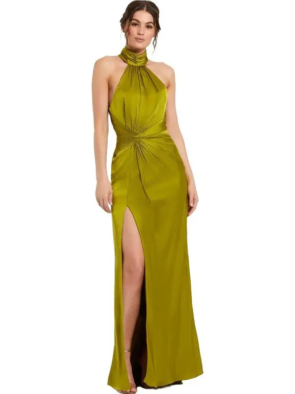 Mac Duggal Petite Open Back High Neck Gown - Olive