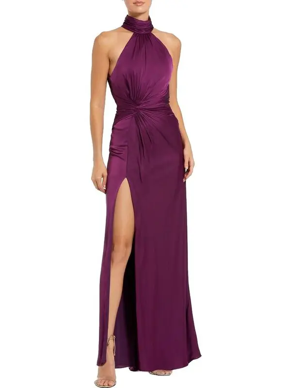 Mac Duggal Petite Open Back High Neck Gown - Plum