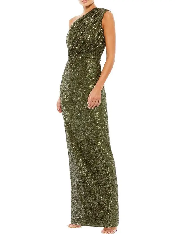 Mac Duggal One Shoulder Ruched Sequin Gown - Olive