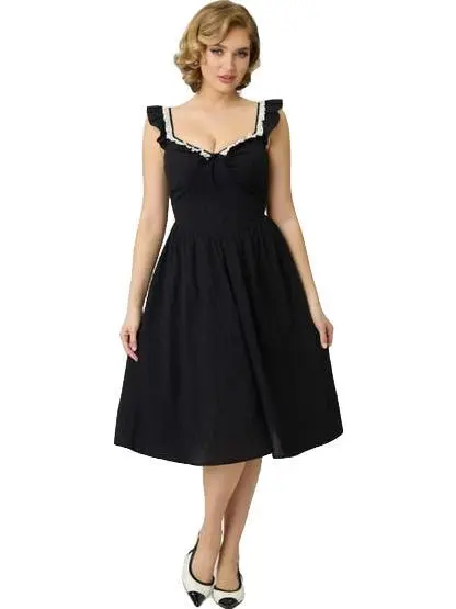 Unique Vintage Sweetheart Flutter Sleeve Swing Dress - Black Solid