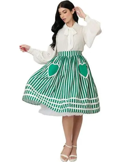 Unique Vintage 1950s Style Swing Skirt - Green & White Stripe
