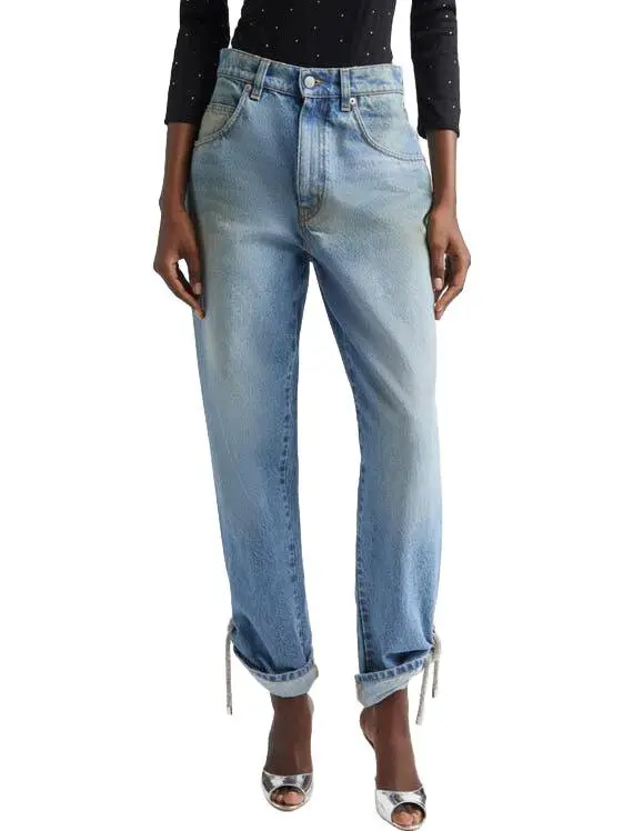AREA Crystal Knot Straight Leg Jeans - Medium Blue