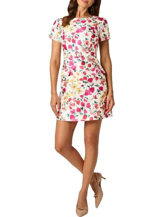 Adrianna Papell Floral Print Belted Mikado Dress - Ivory Multi