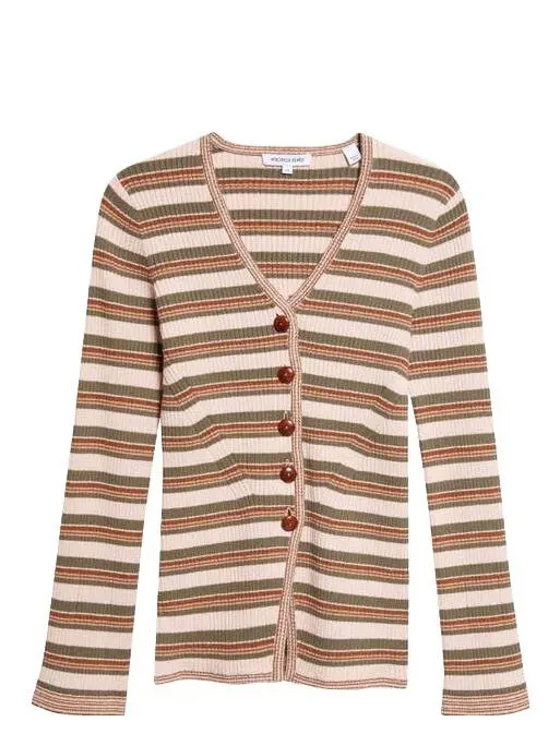 Veronica Beard Striped Ribbed Knit Cardigan - Pink Shell Stone Army
