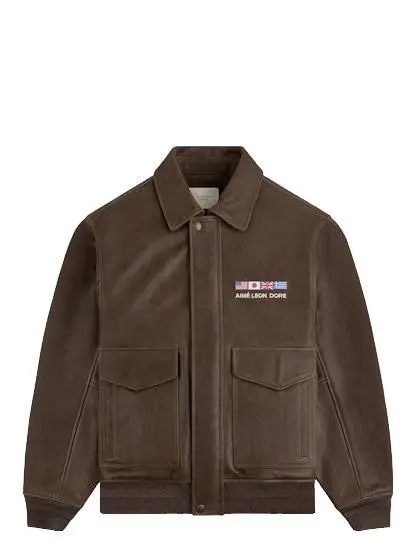Aimé Leon Dore Worlds Borough Leather Flight Jacket - Brown