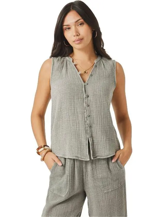 Splendid Gauze Button Tank - Green