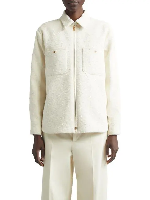 Moncler Cotton Blend Bouclé Down Shirt Jacket - White
