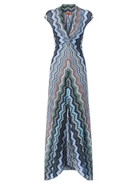 Missoni Sleeveless Long Dress With Knotted Neckline In Chevron Knit - Green& Brown