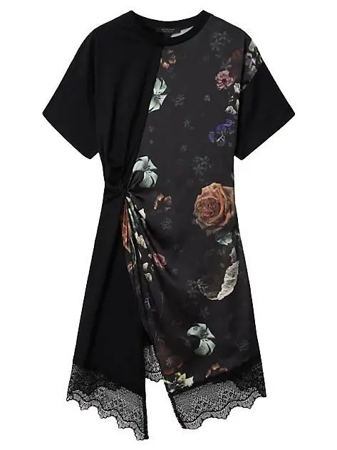 ALLSAINTS Lana Floral-print Lace-hem Mini Dress - Haze Black