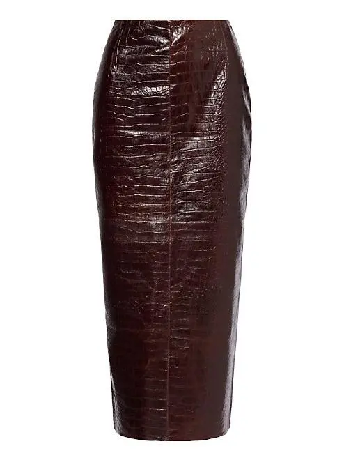 Nour Hammour Croc-embossed Leather Midi Skirt - Dark Brown Croco