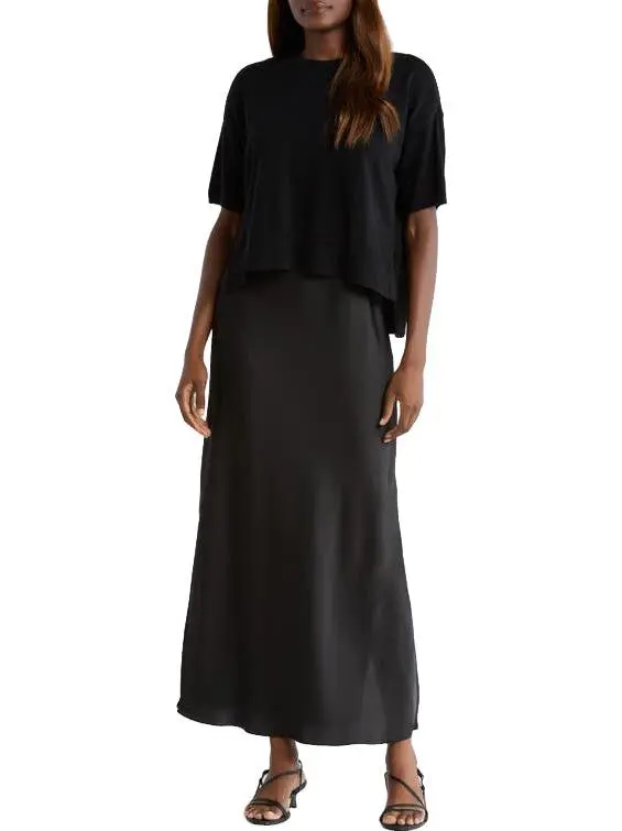 CECE DUPRAZ Dolman Sleeve Mixed Media Maxi Dress - Rich Black