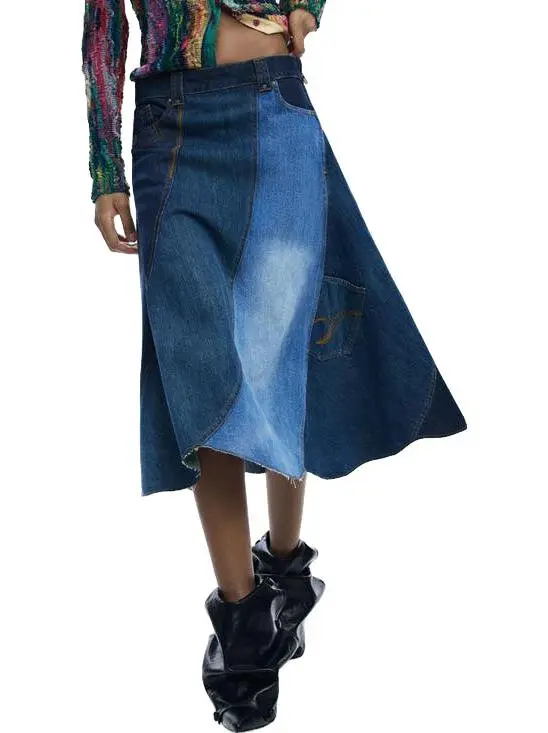 Desigual Patchwork A-line Denim Skirt - Dark Blue