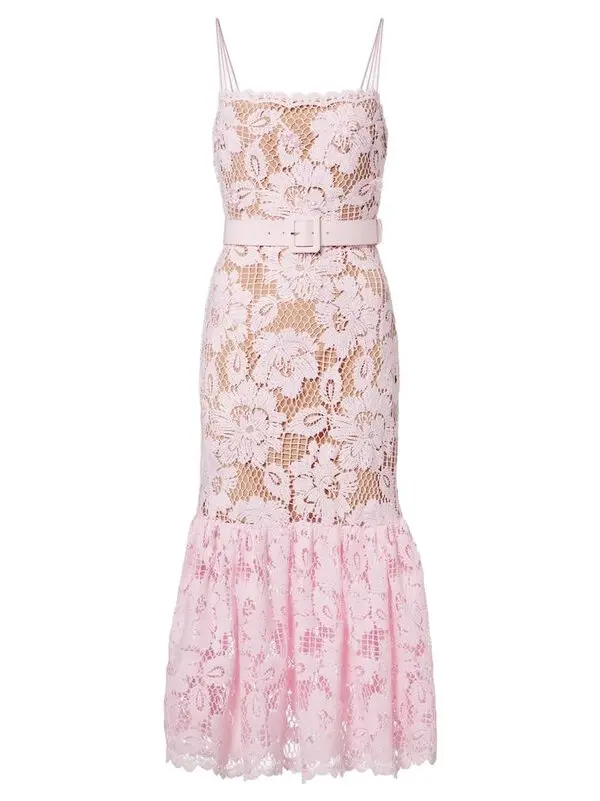 SELF-PORTRAIT Belted Crochet Midi Dress - Pink