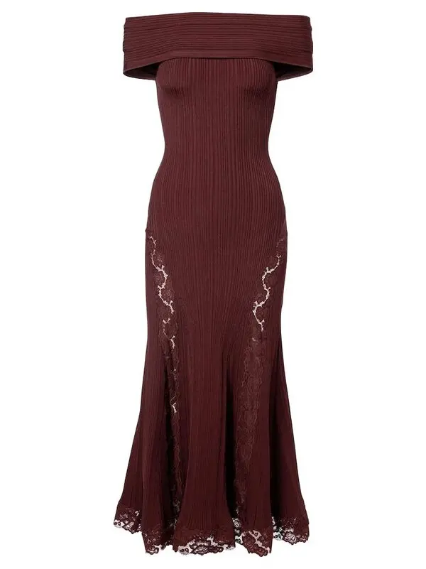 SELF-PORTRAIT Lace Trimmed Off-shoulder Midi Dress - Burgundy