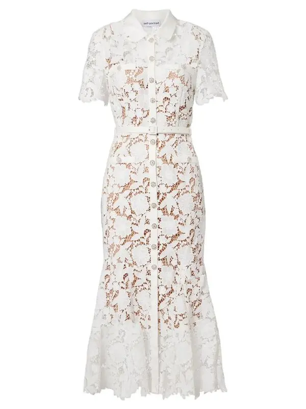 SELF-PORTRAIT Belted Lace Shirt Dress - White
