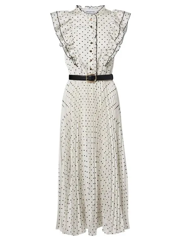 SELF-PORTRAIT Belted Polka-dot Pleated Midi Dress - White