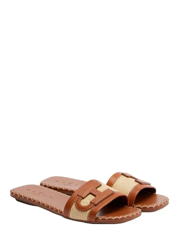 Hogan Leather-trimmed Raffia Slides - Brown