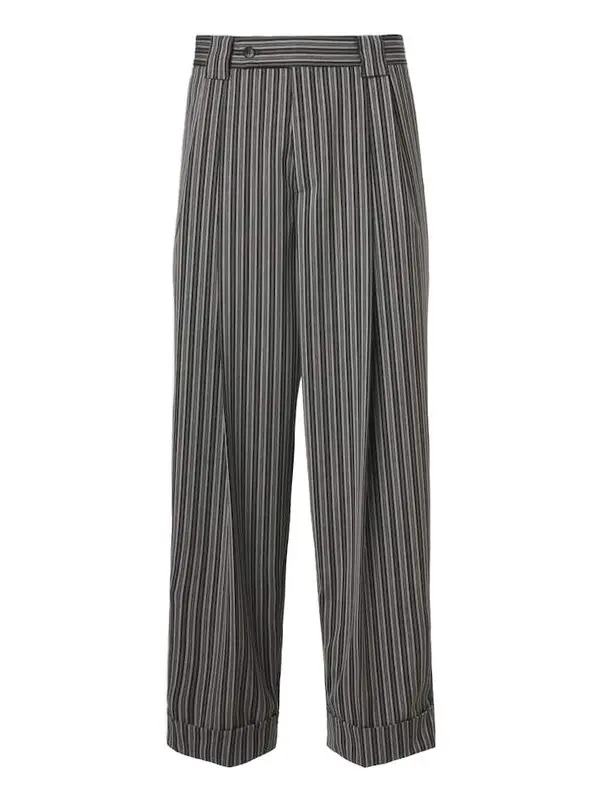 Versace Striped Virgin Wool Straight Pants - Black