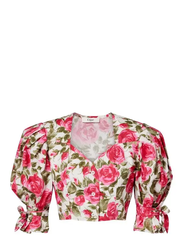 Chloé Floral Cropped Puff-sleeve Cotton Blouse - Pink