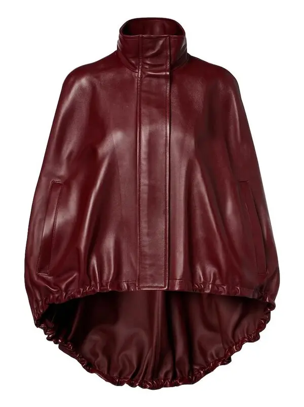 Balenciaga Asymmetric Gathered Leather Cape - Burgundy