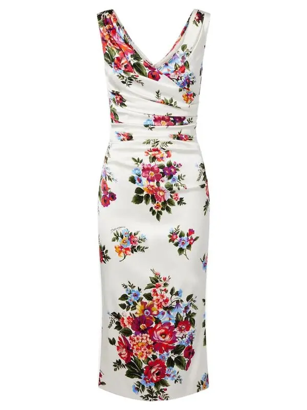 Dolce & Gabbana Draped Floral Satin Midi Dress - White