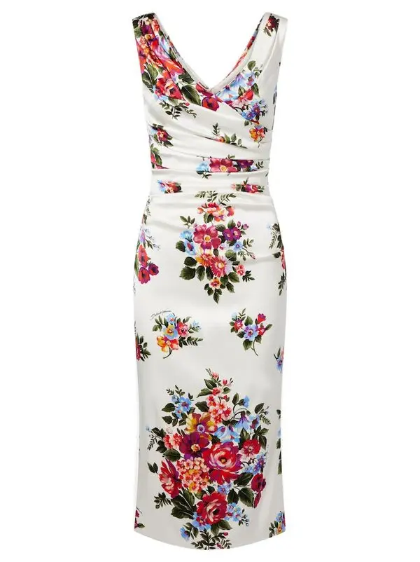 Dolce & Gabbana Draped Floral Satin Midi Dress - White