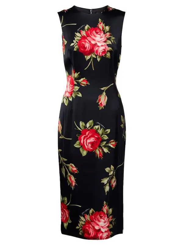 Dolce & Gabbana Floral Satin Midi Dress - Black