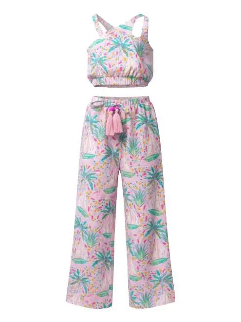 MIA BELLE GIRLS Tropical Print One-shoulder Top And Palazzo Pant Set - Pink