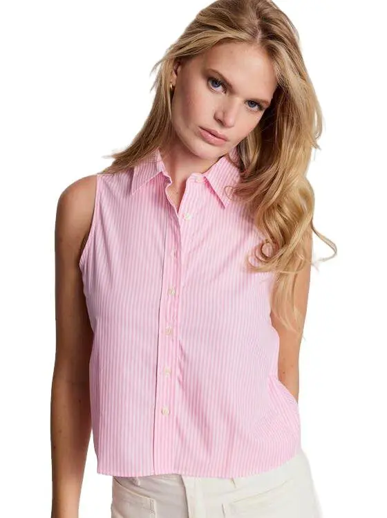 The Shirt By Rochelle Behrens Boxy Cropped Sleeveless Shirt - Pink/white Stripe