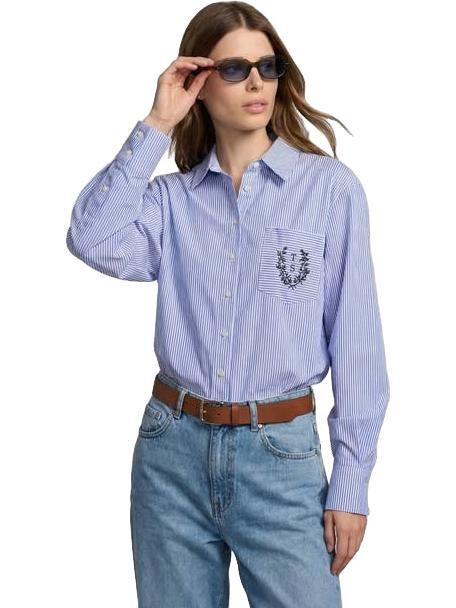 The Shirt By Rochelle Behrens Crest Boyfriend Shirt - Blue Stripe