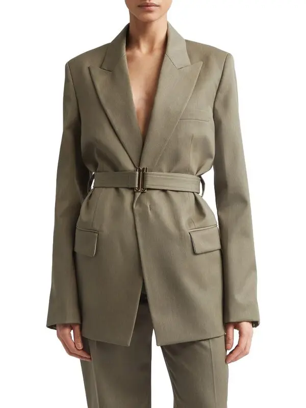 Victoria Beckham Tailored Belted Wool-blend Twill Jacket - Sage Melange