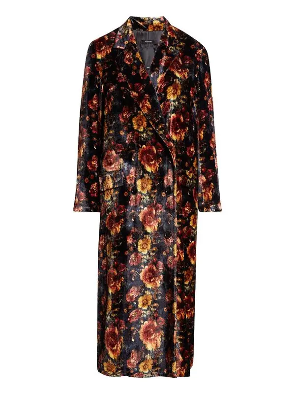 R13 Drapey Floral Double-breasted Velvet Duster Coat - Orange Multi Floral