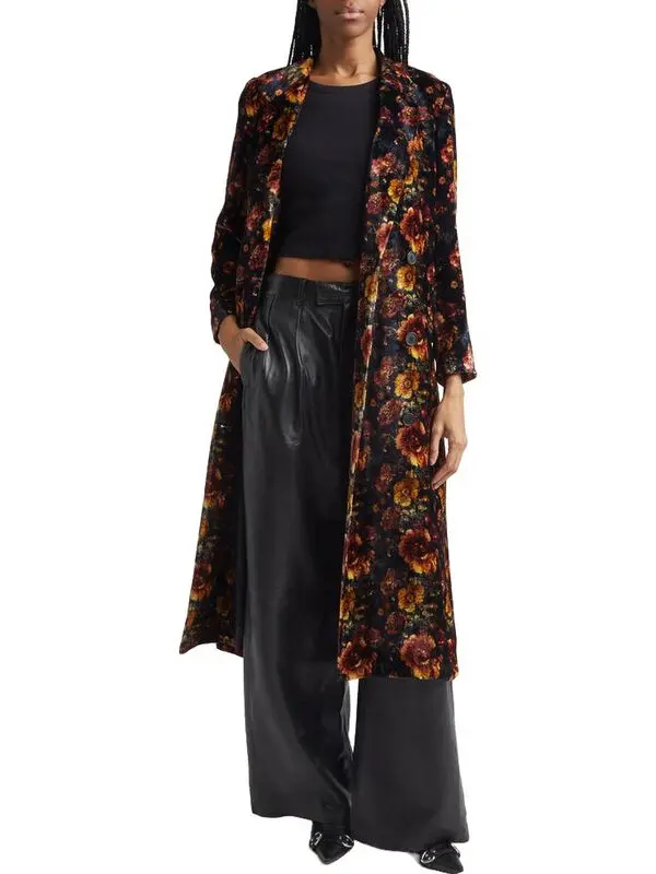 R13 Drapey Floral Double-breasted Velvet Duster Coat - Orange Multi Floral