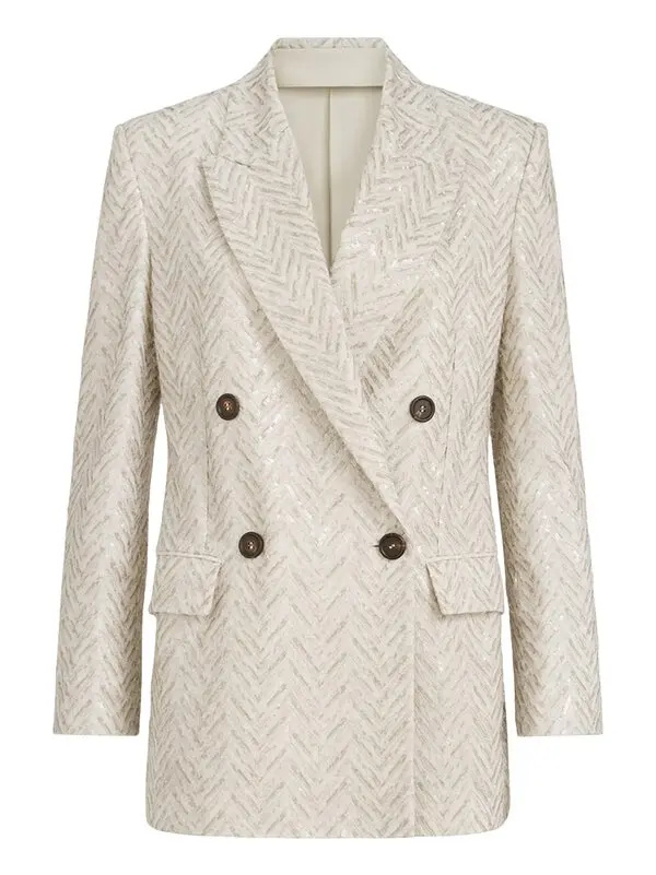 Brunello Cucinelli Linen Chevron Double-breasted Blazer - Beige