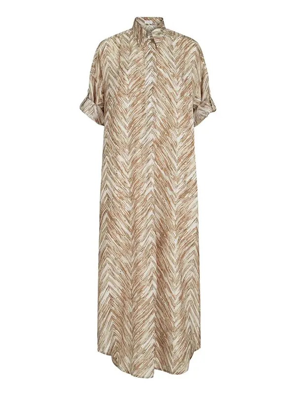 Brunello Cucinelli Silk Chevron Shirt Dress - Beige