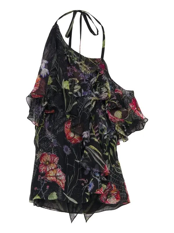 Alexander McQueen Silk Floral One-shoulder Top - Black