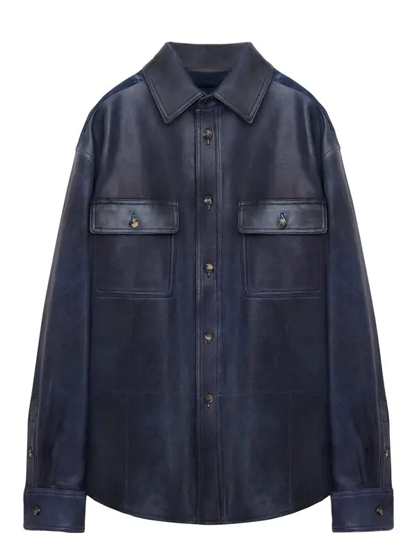 Loewe Leather Denim-back Overshirt - Navy