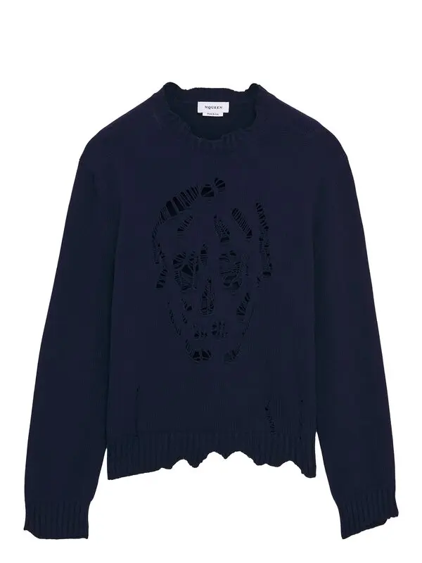 Alexander McQueen Distressed Skull Cotton Sweater - Blue