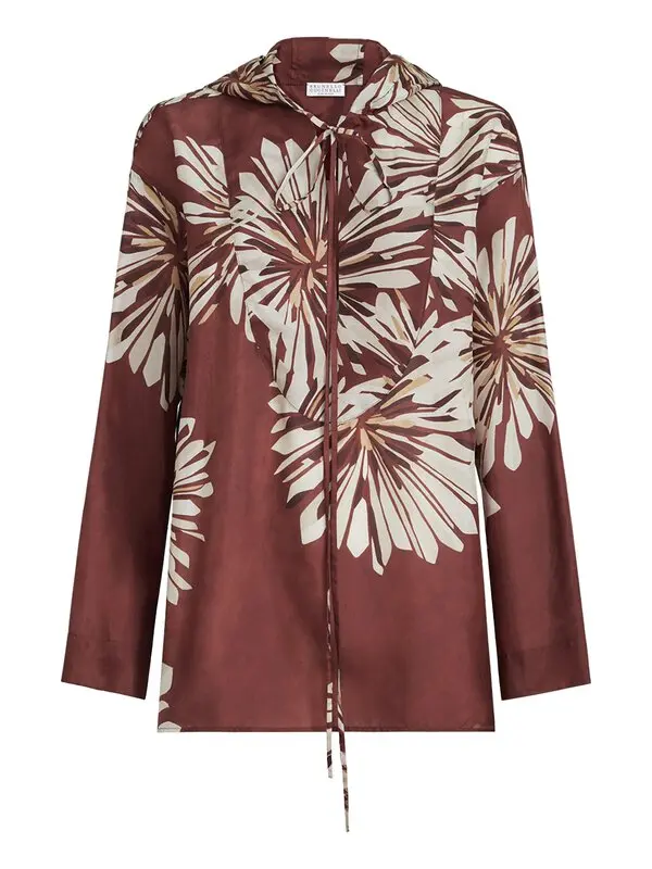 Brunello Cucinelli Silk Floral Hooded Shirt - Red