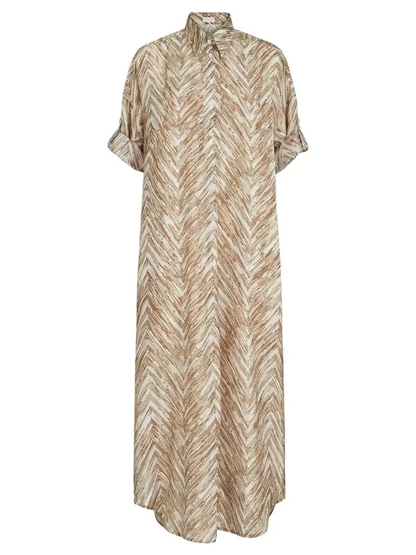 Brunello Cucinelli Silk Chevron Shirt Dress - Beige