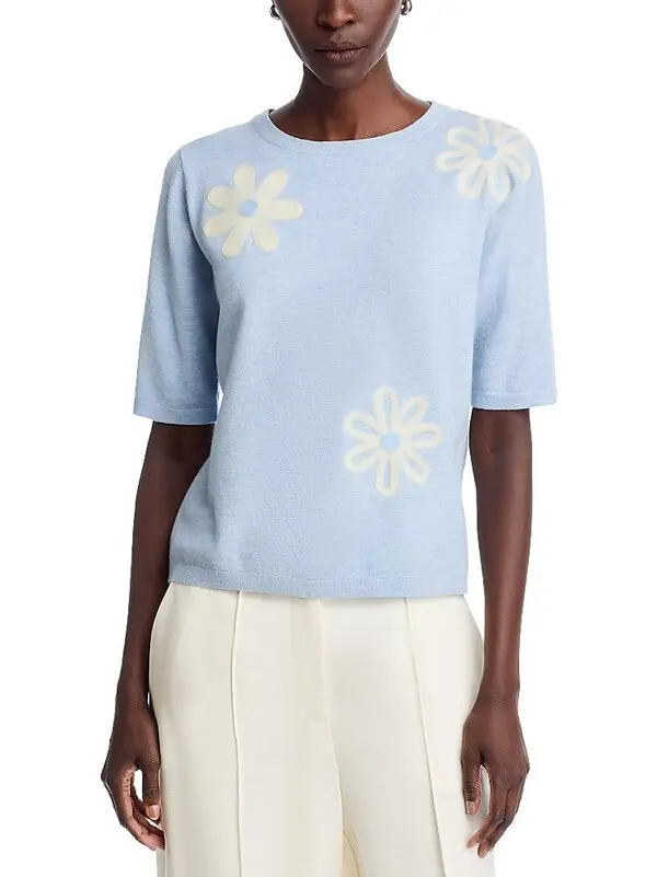 SIONI Floral Embroidered Short Sleeve Sweater - Heather Sky