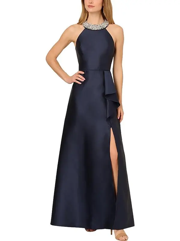 Adrianna Papell Embellished Mikado Ruffle Gown - Midnight