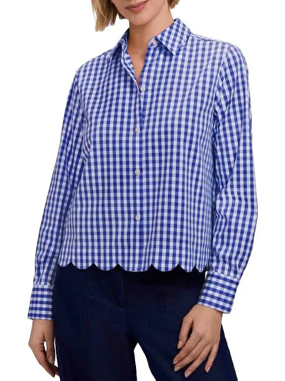 Foxcroft Scarlett Gingham Scallop Hem Button-up Shirt - Blue/white