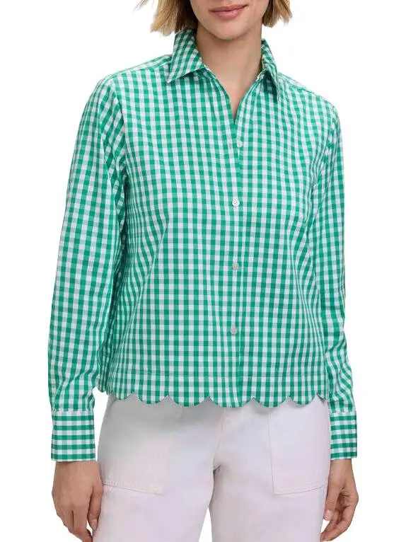 Foxcroft Scarlett Gingham Scallop Hem Button-up Shirt - Green/white
