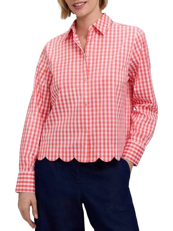 Foxcroft Scarlett Gingham Scallop Hem Button-up Shirt - Peachy Orange/white