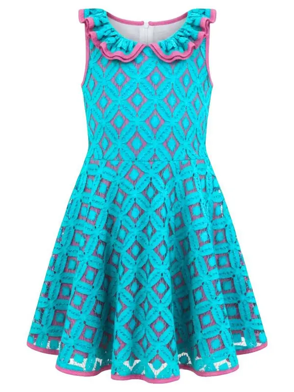 MIA BELLE GIRLS Lace Scallop Trim Party Dress - Blue-green