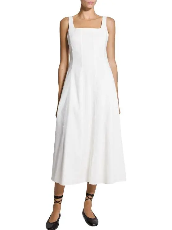 Theory Sleeveless Seamed Linen Blend Fit & Flare Dress - White