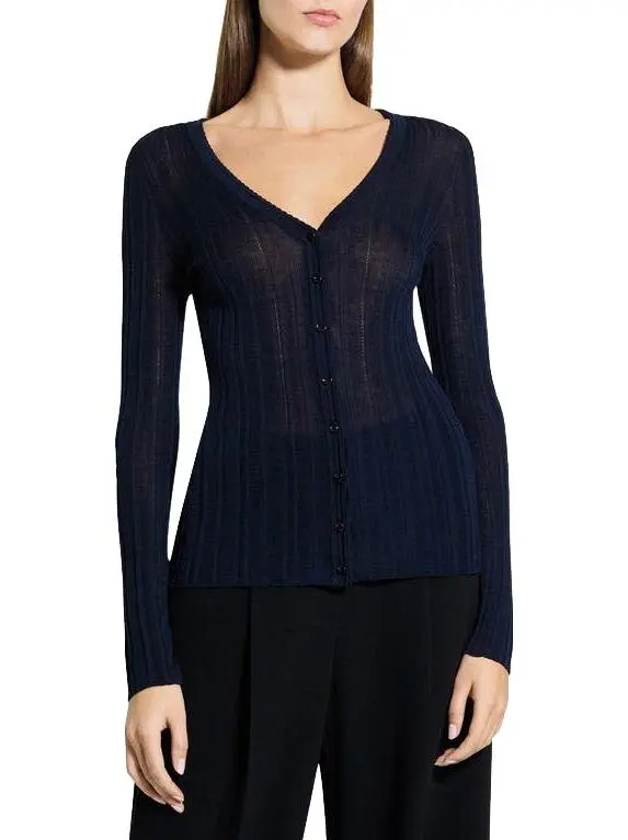 Theory Pointelle Rib Wool-blend Cardigan - Dark Navy