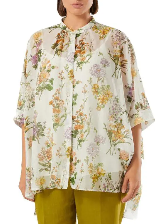 Marina Rinaldi Paniere Floral Cotton & Silk Button-up Tunic - White