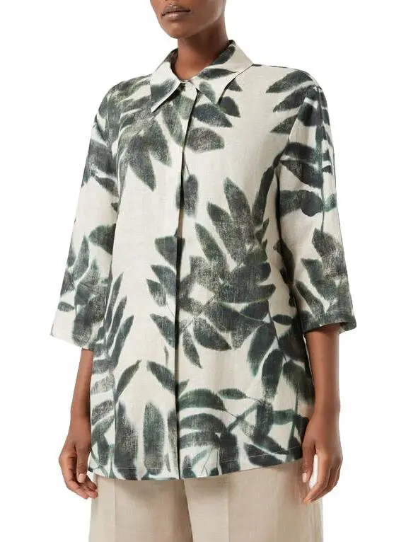 Marina Rinaldi Abetaia Leaf Print Linen Jacket - Olive Green